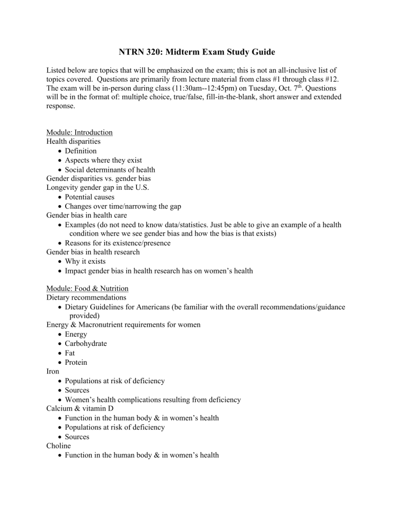 NTRN 320 Midterm Study Guide | Women's Health & Nutrition