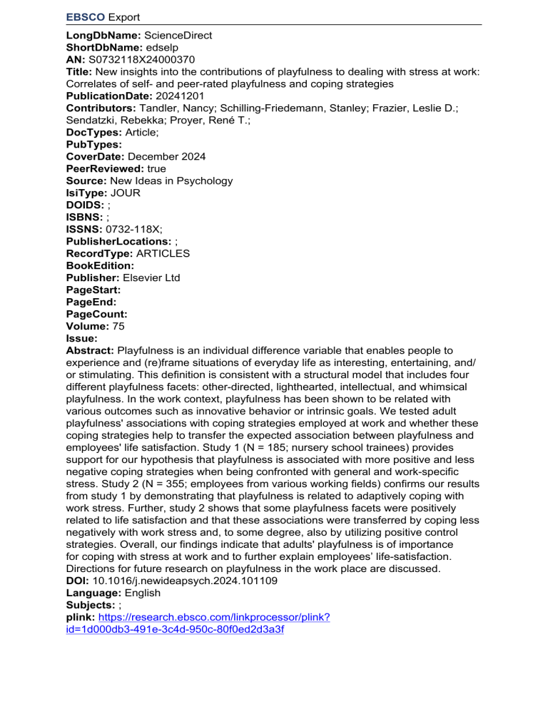 Playfulness, Stress, and Coping at Work