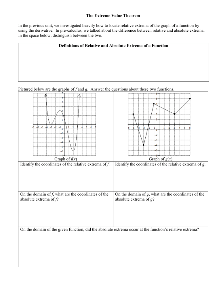 Extreme Value Theorem Worksheet: Relative and Absolute Extrema