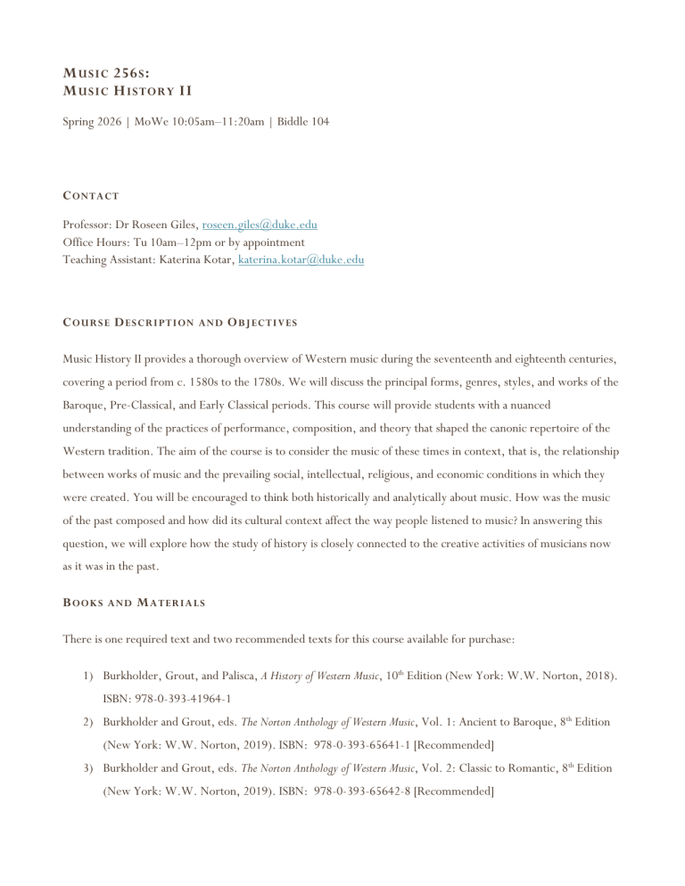 Music History II Syllabus: Baroque to Classical