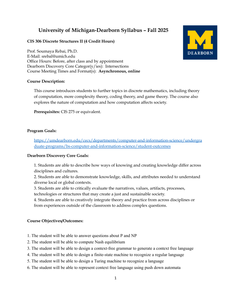 UM-Dearborn CIS 306 Syllabus: Discrete Structures II