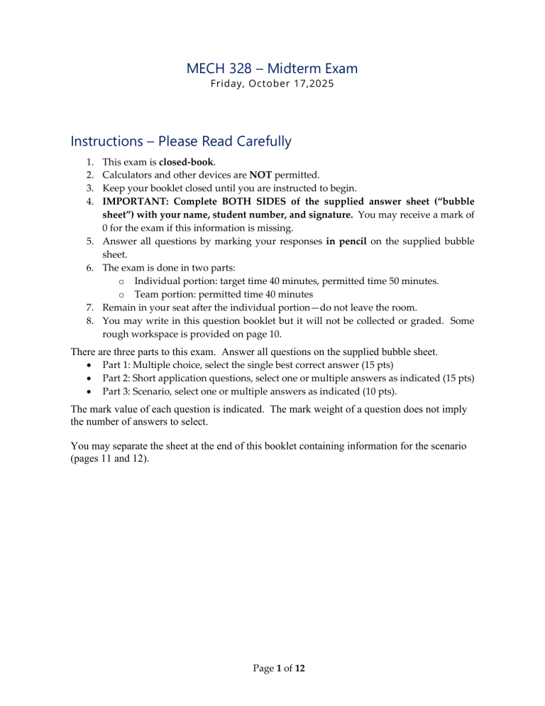 MECH 328 Midterm Exam Instructions & Questions