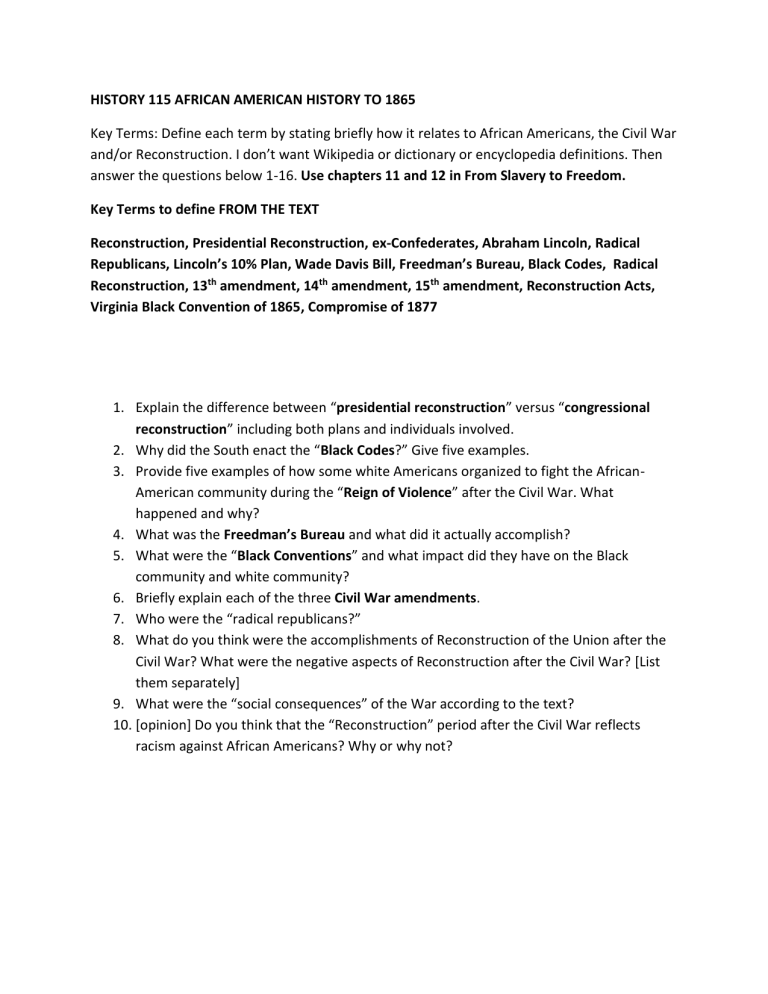 Bowie State U ! HIST 115 Chapters 11 & 12 key terms and questions Winter 26