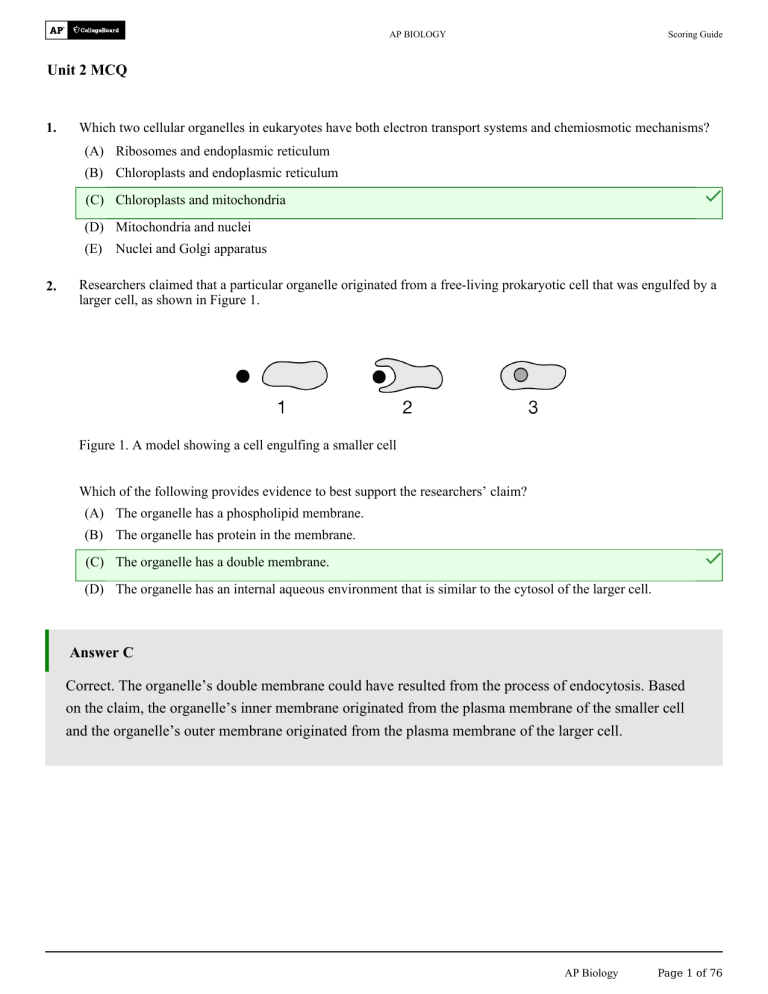 AP Biology Unit 2 MCQ Scoring Guide with Answers