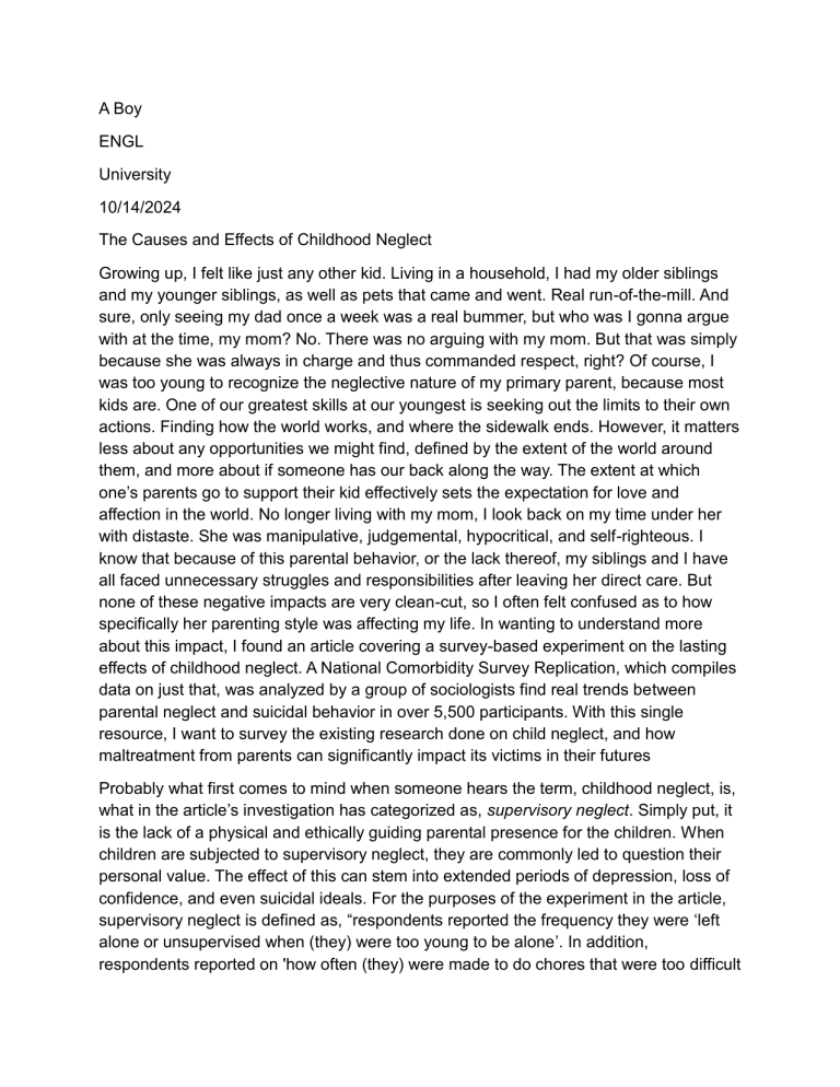 Childhood Neglect: Causes and Effects Essay