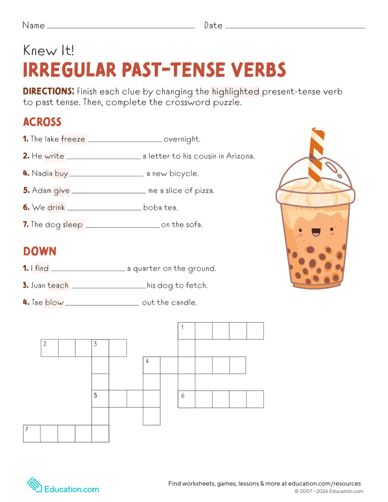 Irregular Past-Tense Verbs Crossword Worksheet