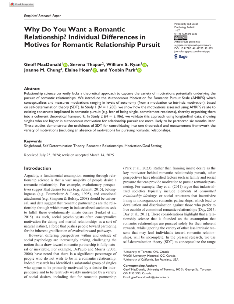 Why Do You Want a Romantic Relationship? Individual Differences in Motives