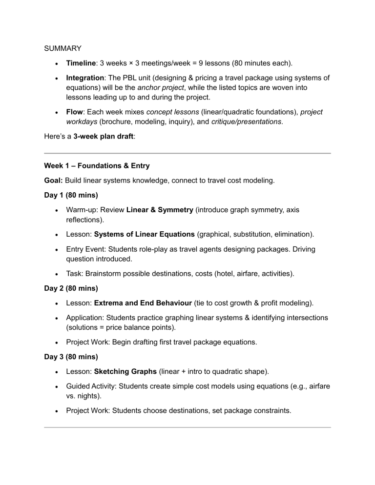 3-Week Algebra PBL Unit: Systems & Quadratics