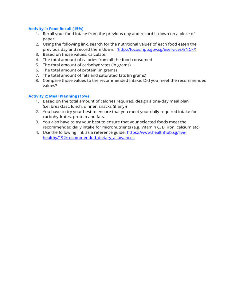 Nutrition Assignment: Food Recall & Meal Planning