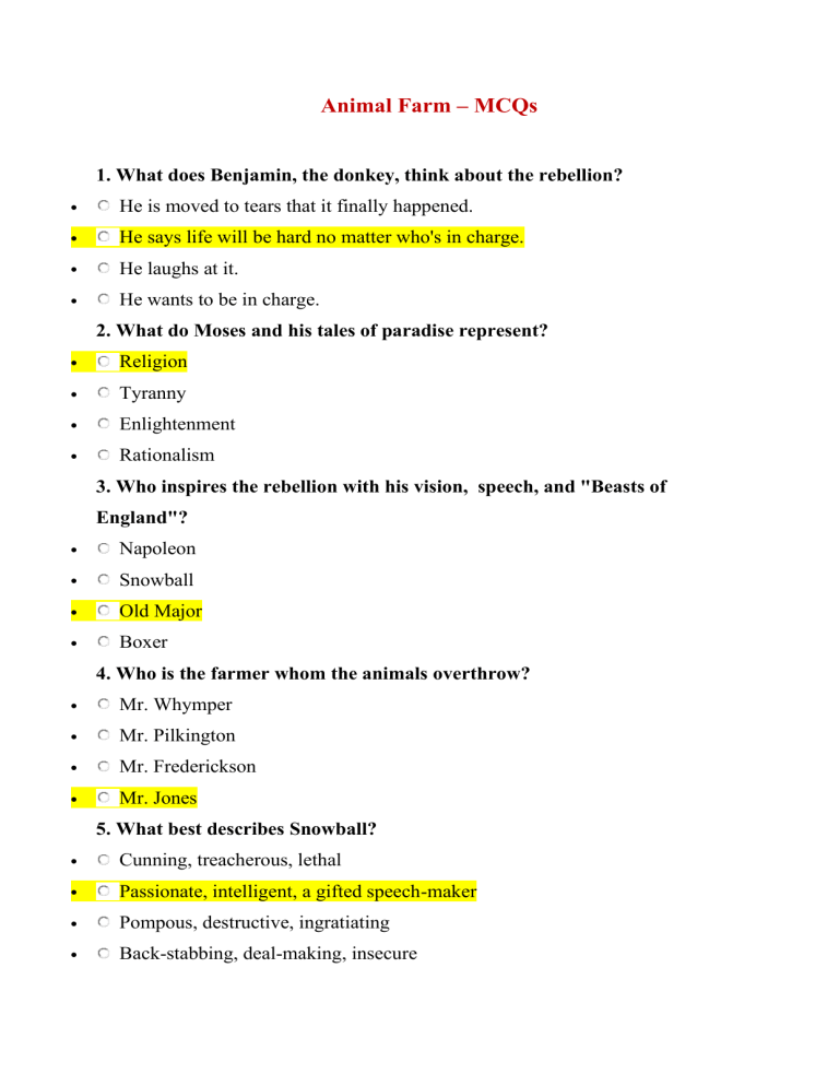 Animal Farm MCQs - George Orwell Quiz Questions