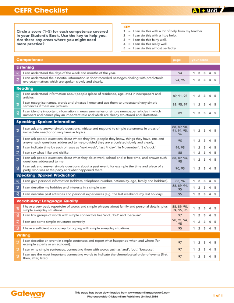 CEFR A1+ Unit Checklist for Language Skills