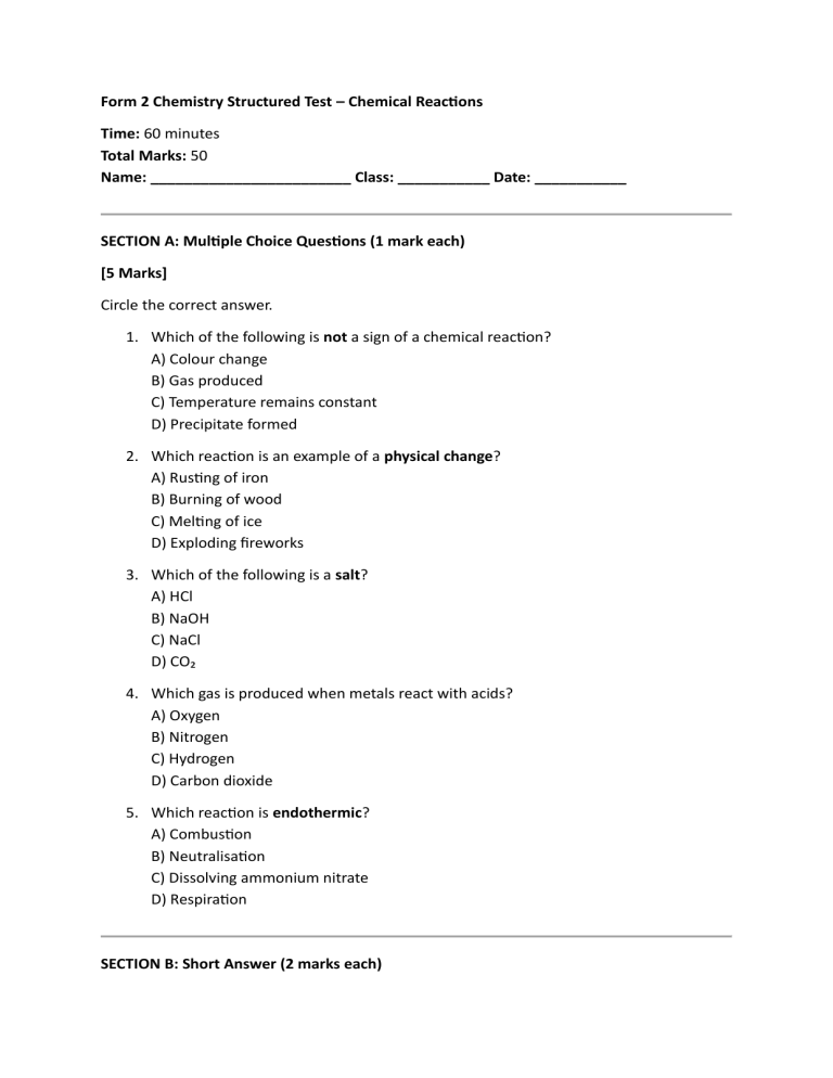 Form 2 Chemistry Test: Chemical Reactions