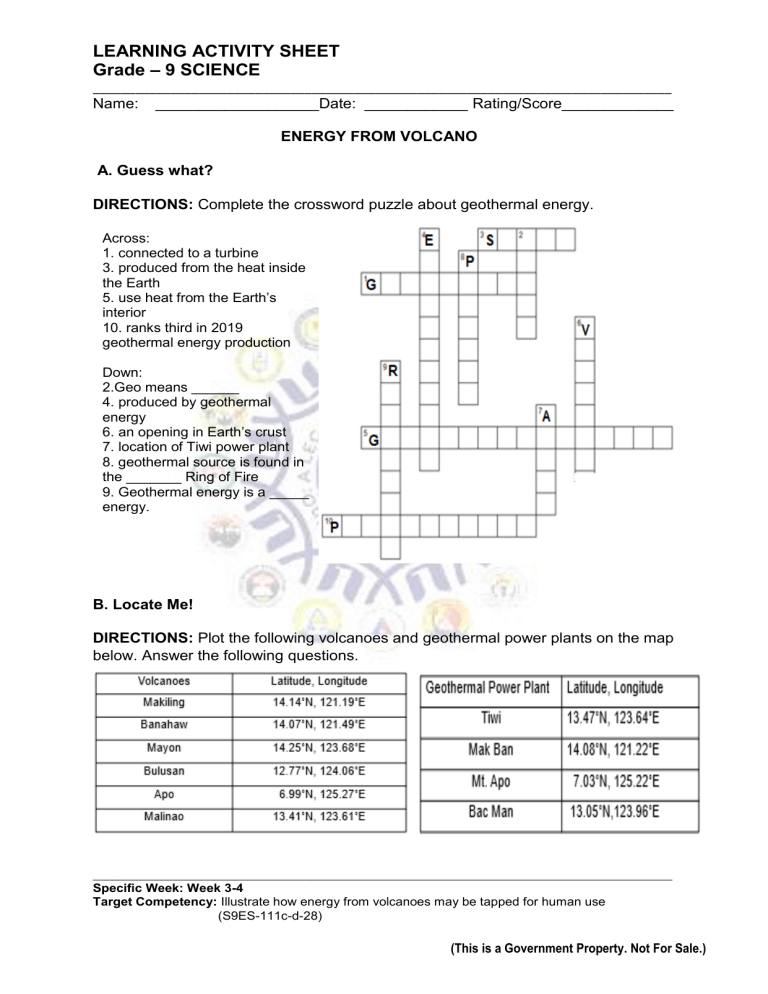 Grade 9 Geothermal Energy Activity Sheet