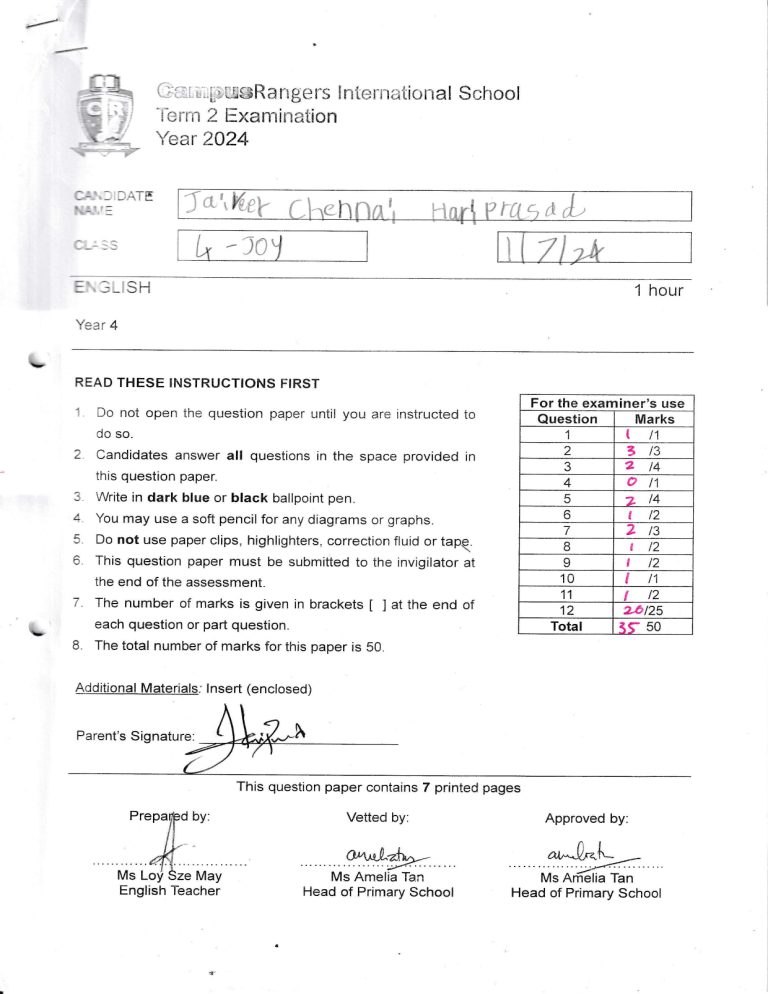 2024 Year 4 English Term 2 Exam Paper