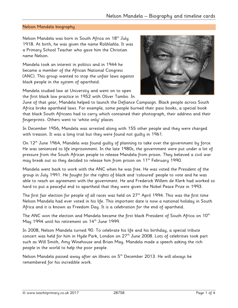 Nelson Mandela Biography Worksheet