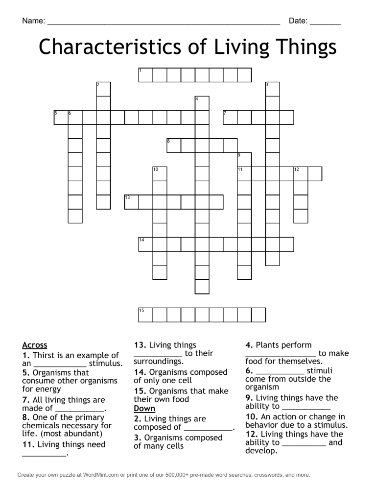 Characteristics of Living Things Crossword Puzzle