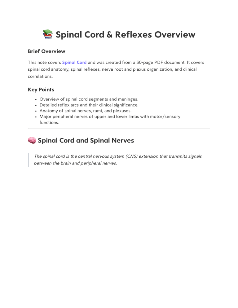 Spinal Cord & Reflexes Lecture Notes