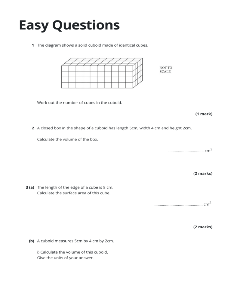 Easy Math Questions: 3D Shapes Volume & Surface Area