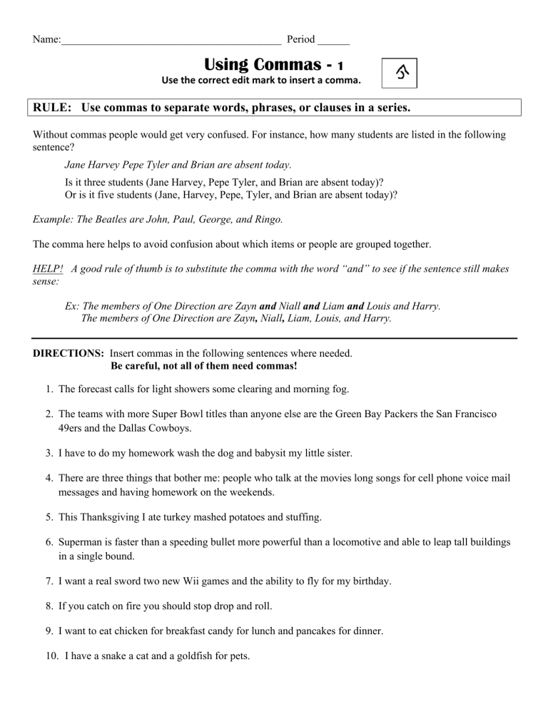 Comma Usage Rules Worksheet