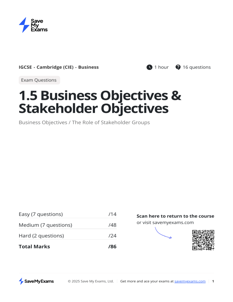IGCSE Business Exam Questions: Objectives & Stakeholders