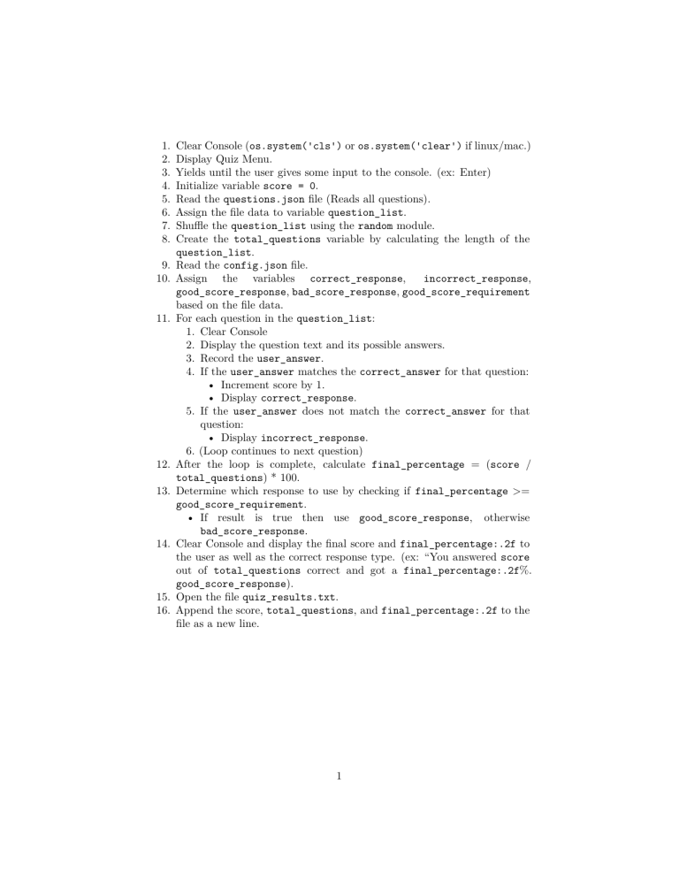 Pseudocode for a Command-Line Quiz Application