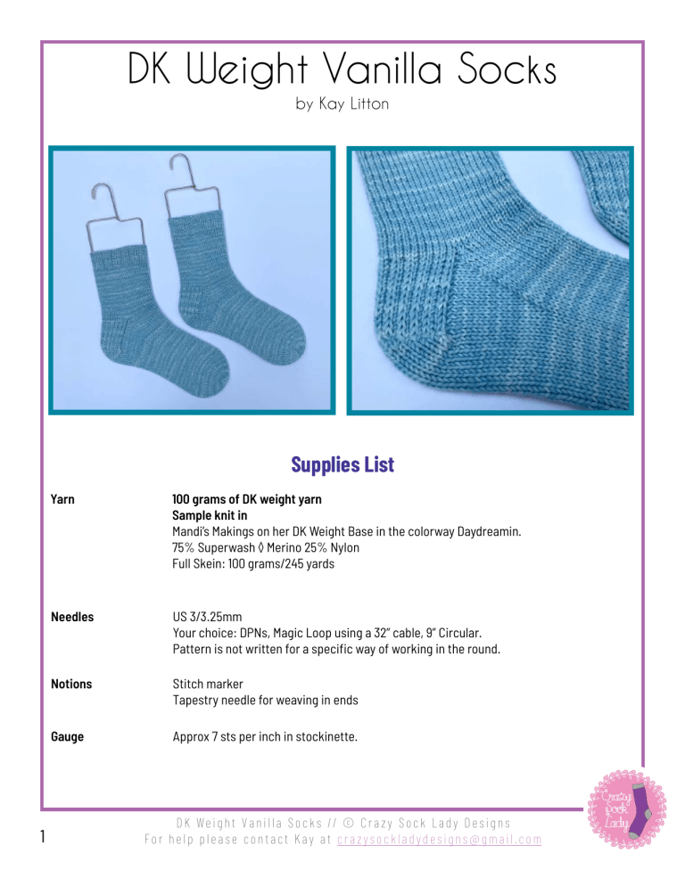 DK Weight Vanilla Socks Knitting Pattern