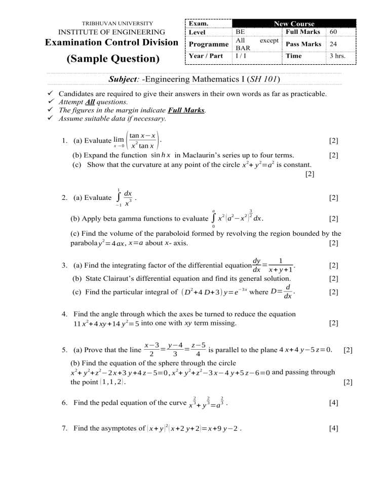 Engineering Mathematics I Exam Sample
