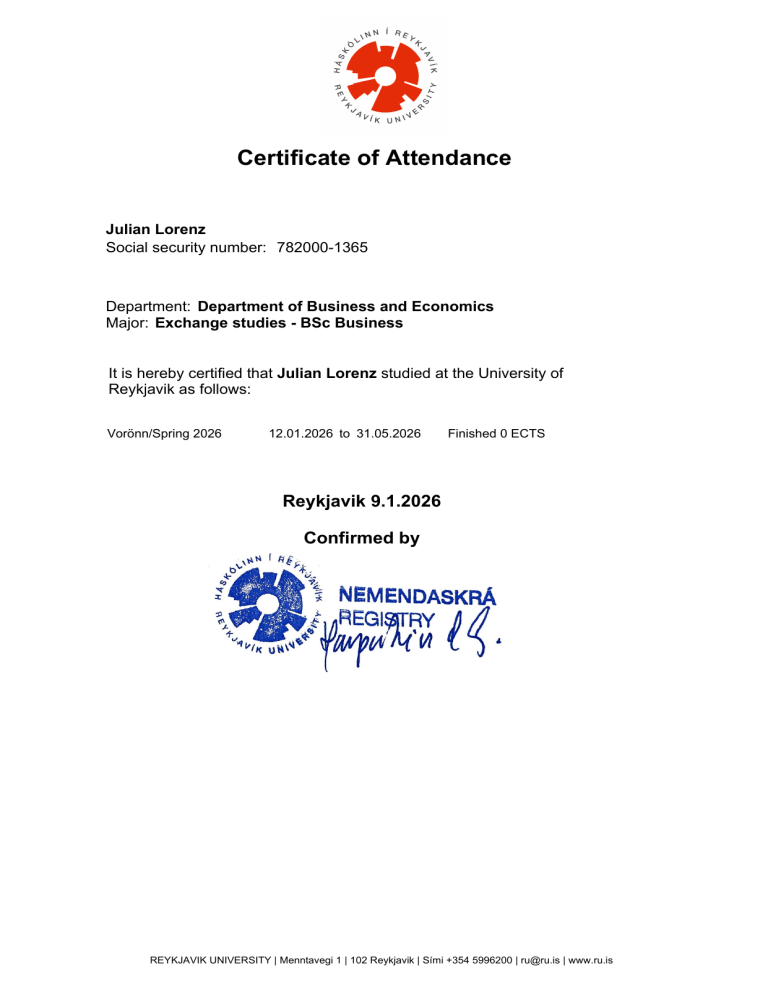 Julian Lorenz Certificate of Attendance
