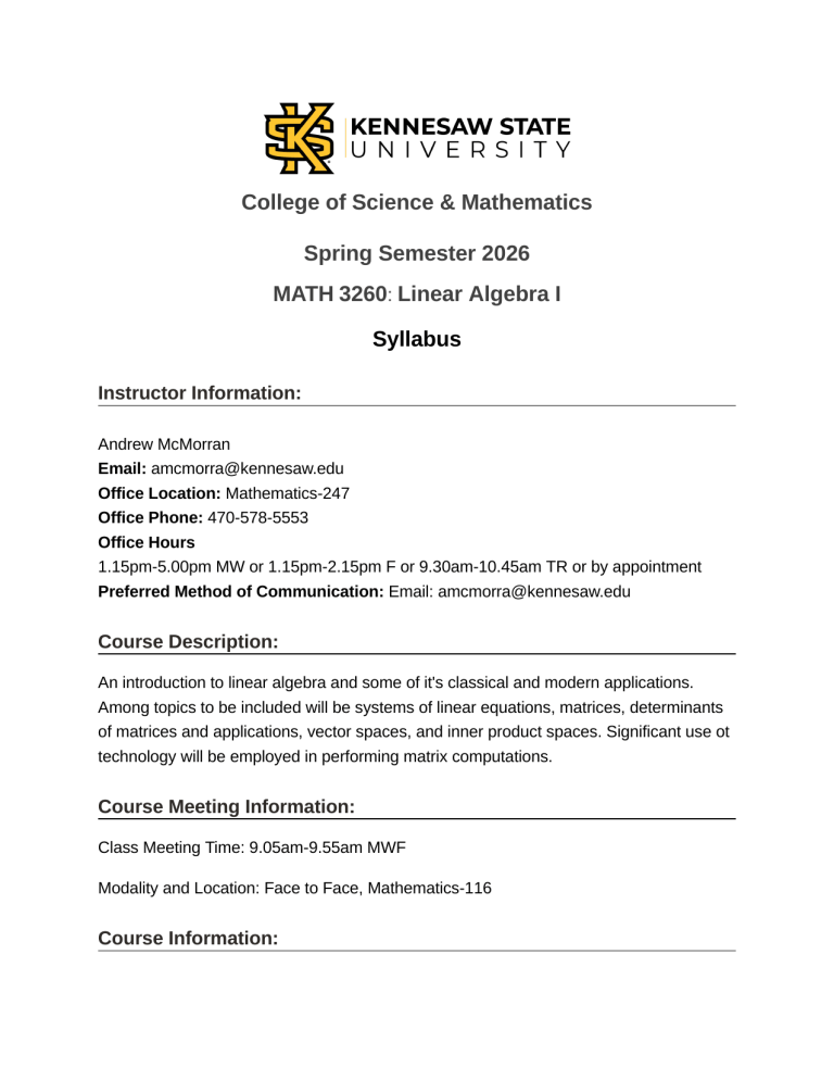 MATH 3260 Linear Algebra I Syllabus