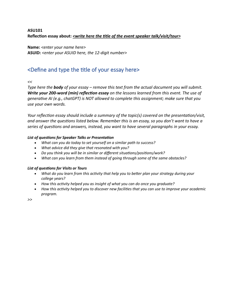 ASU101 Reflection Essay Assignment Template