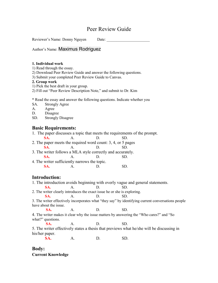 Peer Review Guide for Academic Essays