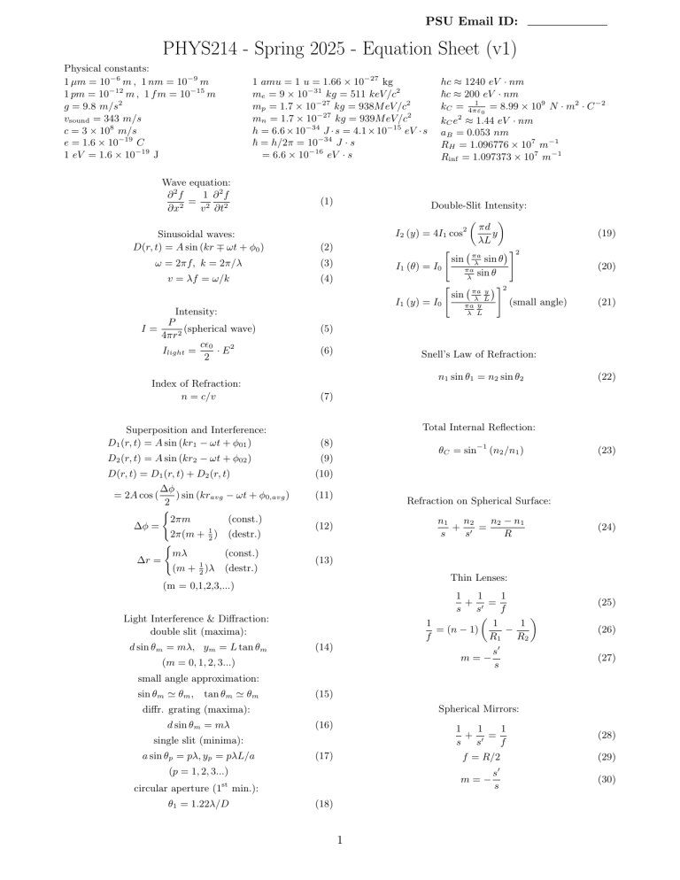 PHYS214 Physics Equation Sheet