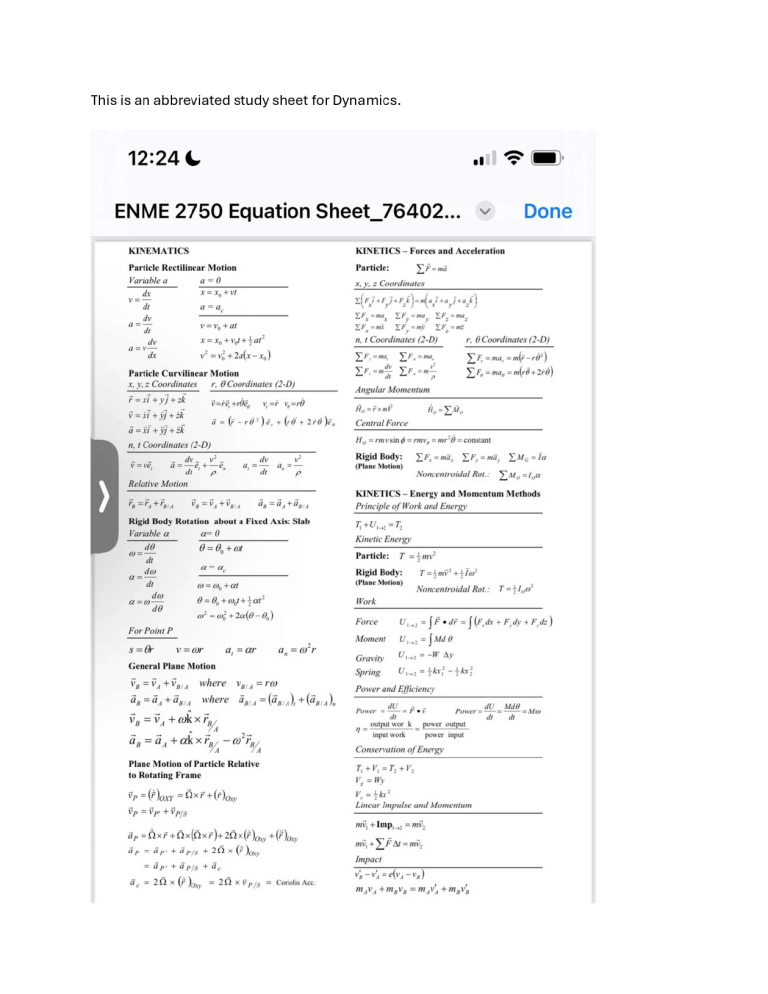 Dynamics Equation Sheet | Kinematics & Kinetics