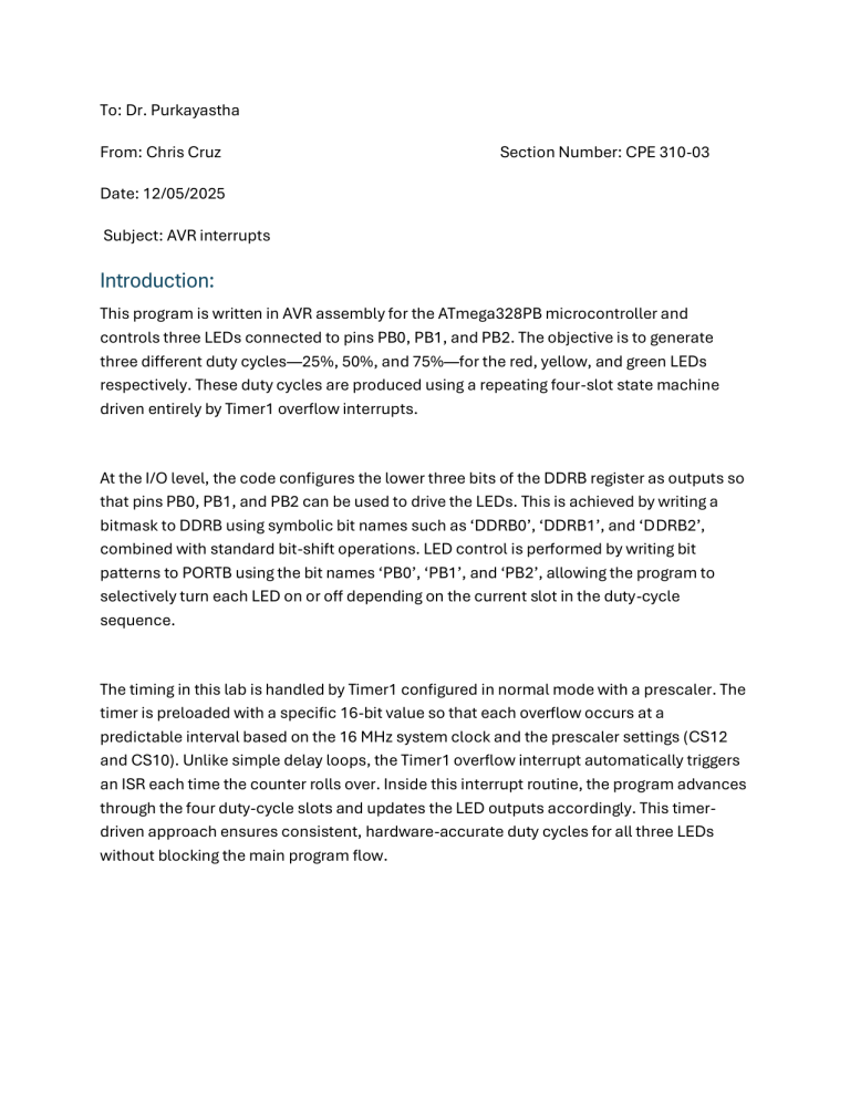 AVR Interrupts Lab Report: ATmega328PB LED Control
