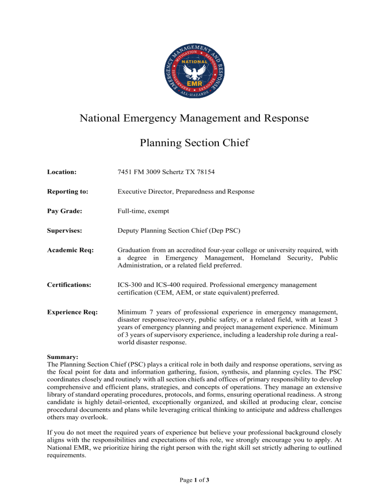 Planning Section Chief Job Description