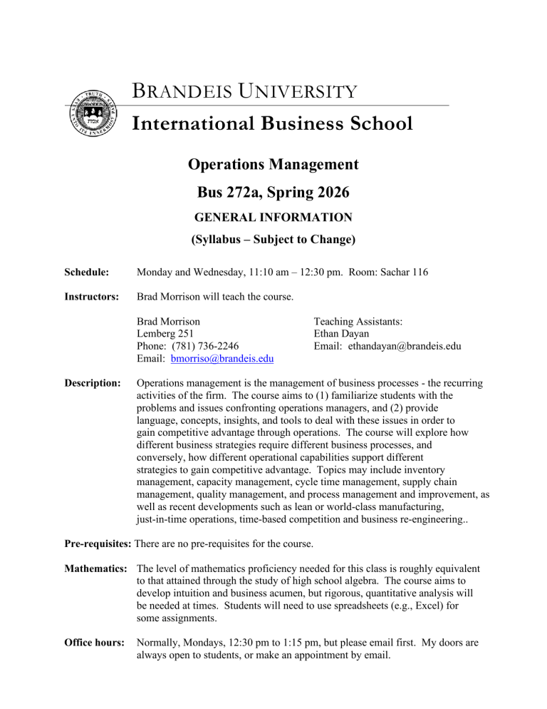 Brandeis Operations Management Syllabus Spring 2026