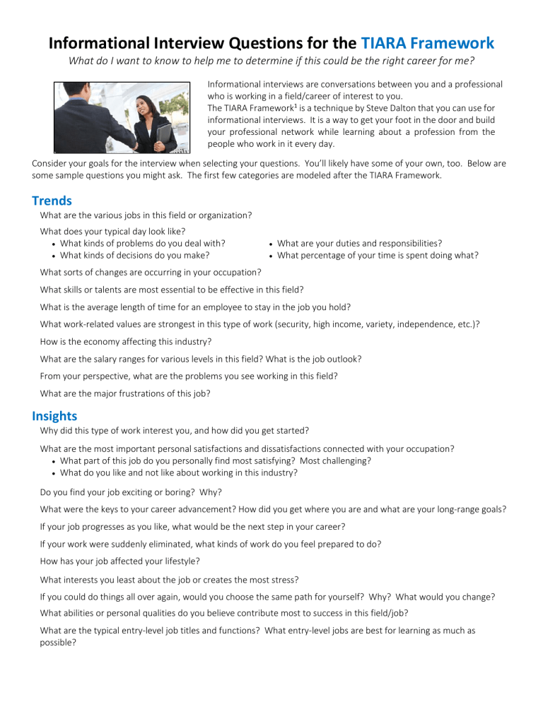 Informational Interview Questions for TIARA Framework