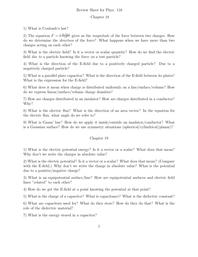 Physics 116 Exam Review Sheet