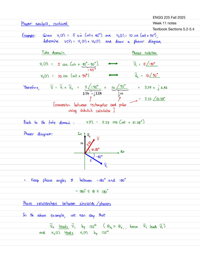 ENGG 225 Week 11 Notes: Phasor Analysis