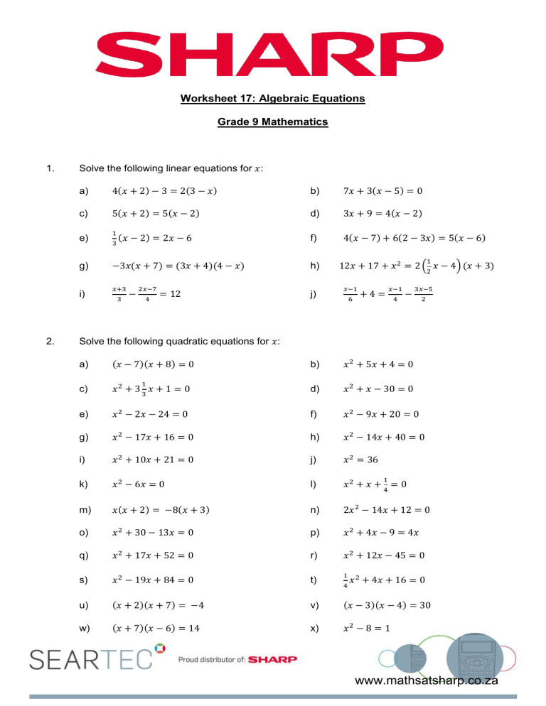 Grade 9 Algebraic Equations Worksheet