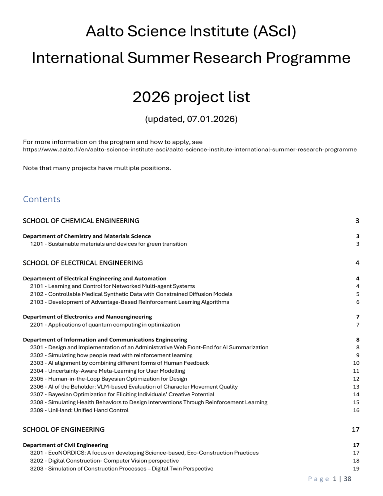 Aalto Science Institute 2026 Summer Research Projects