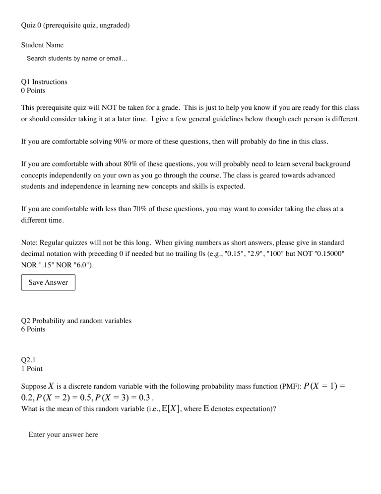 Probability & Linear Algebra Prerequisite Quiz