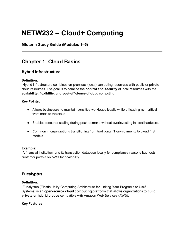 Cloud+ Computing Midterm Study Guide
