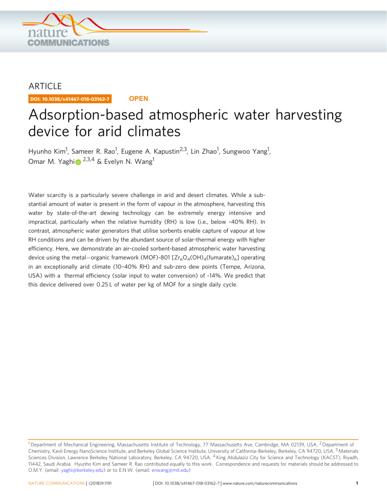 Atmospheric Water Harvesting Device for Arid Climates