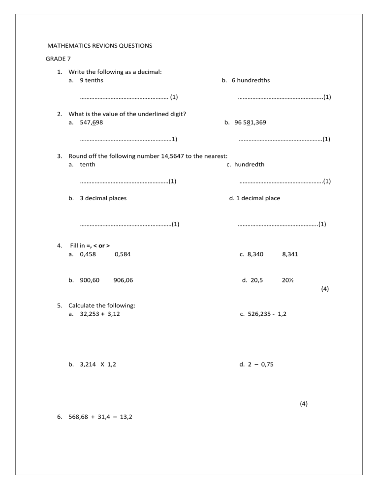 Grade 7 Math Revision Questions