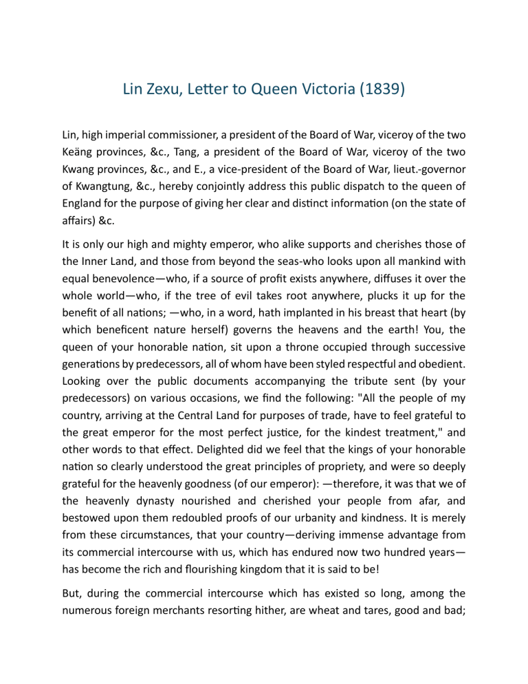 Lin Zexu's 1839 Letter to Queen Victoria on Opium Trade