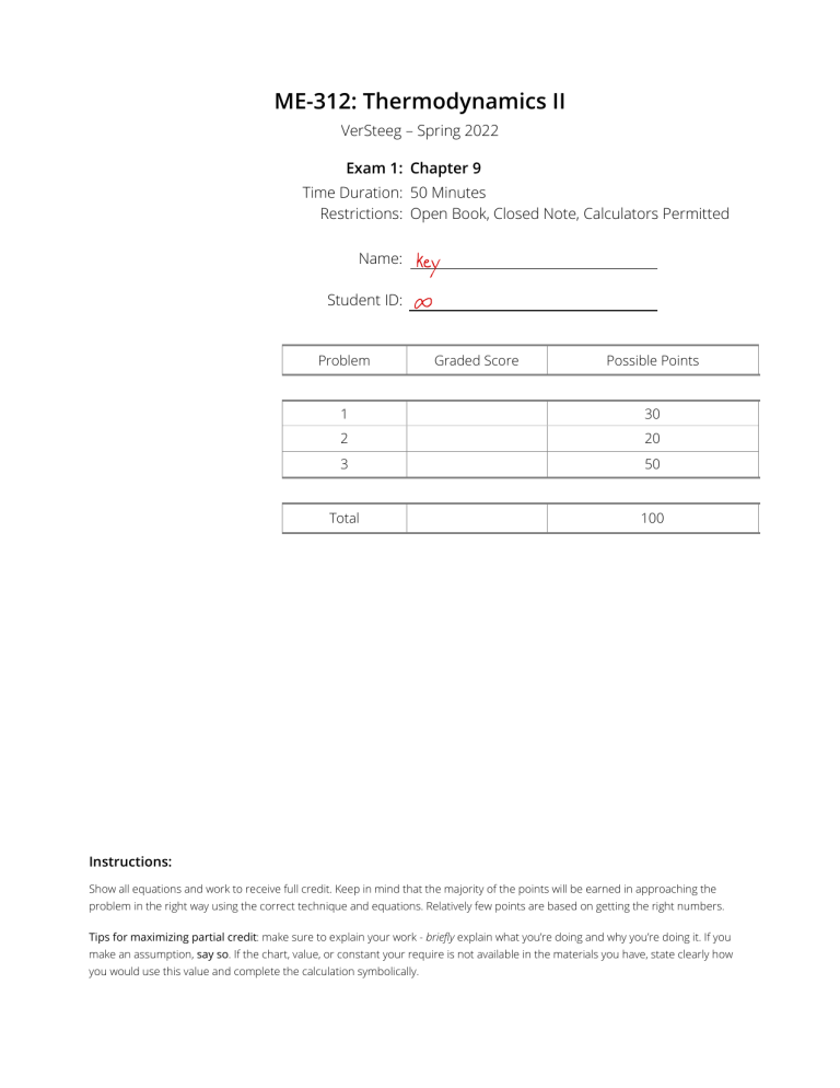 ME-312 Thermodynamics II Exam 1: Chapter 9