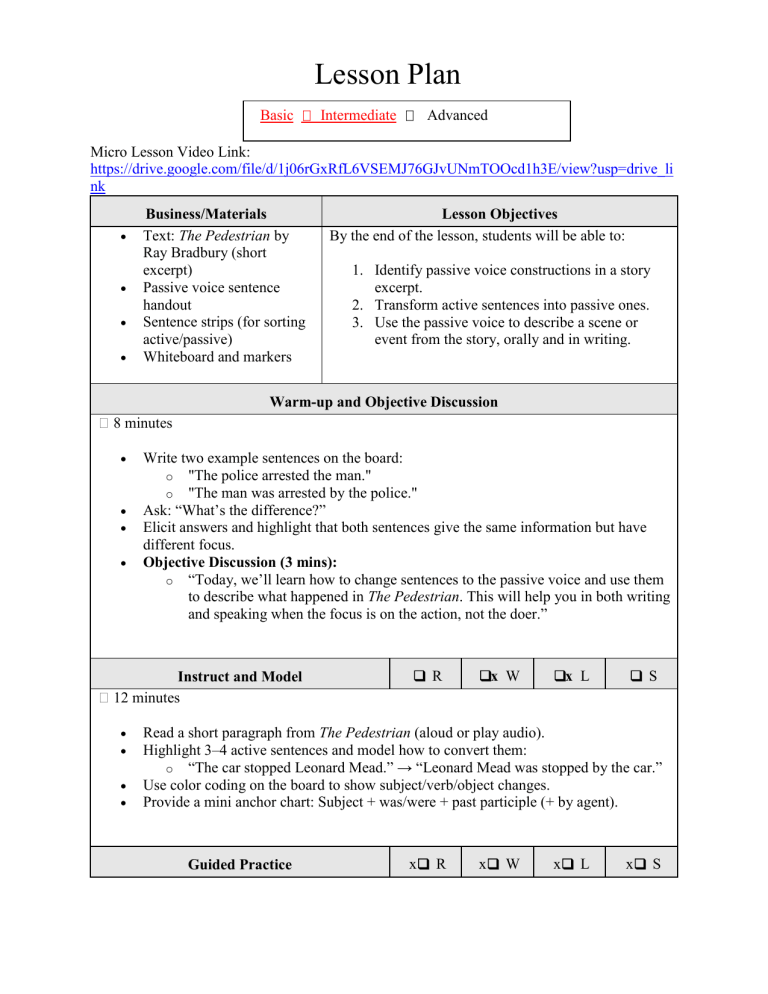 Passive Voice Lesson Plan using The Pedestrian