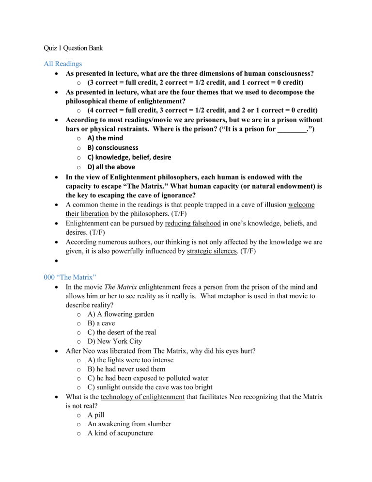Quiz 1 Question Bank: Enlightenment Philosophy
