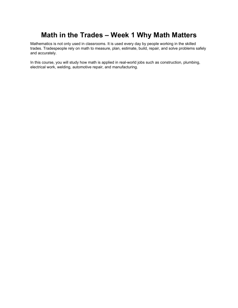 Math in the Trades Week 1: Why Math Matters